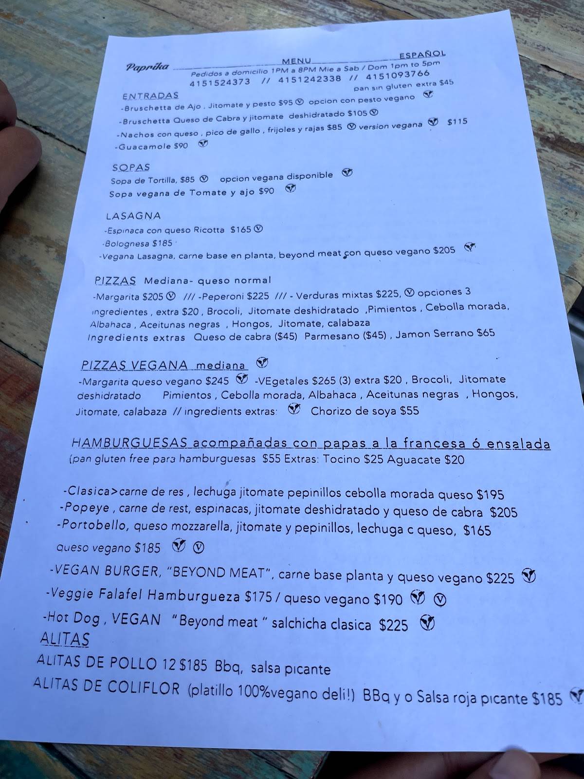 Menu at PAPRIKA restaurant, San Miguel de Allende, Ancha de San Antonio 9