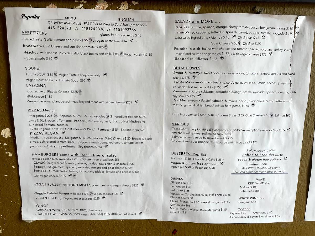 Menu at PAPRIKA restaurant, San Miguel de Allende, Ancha de San Antonio 9