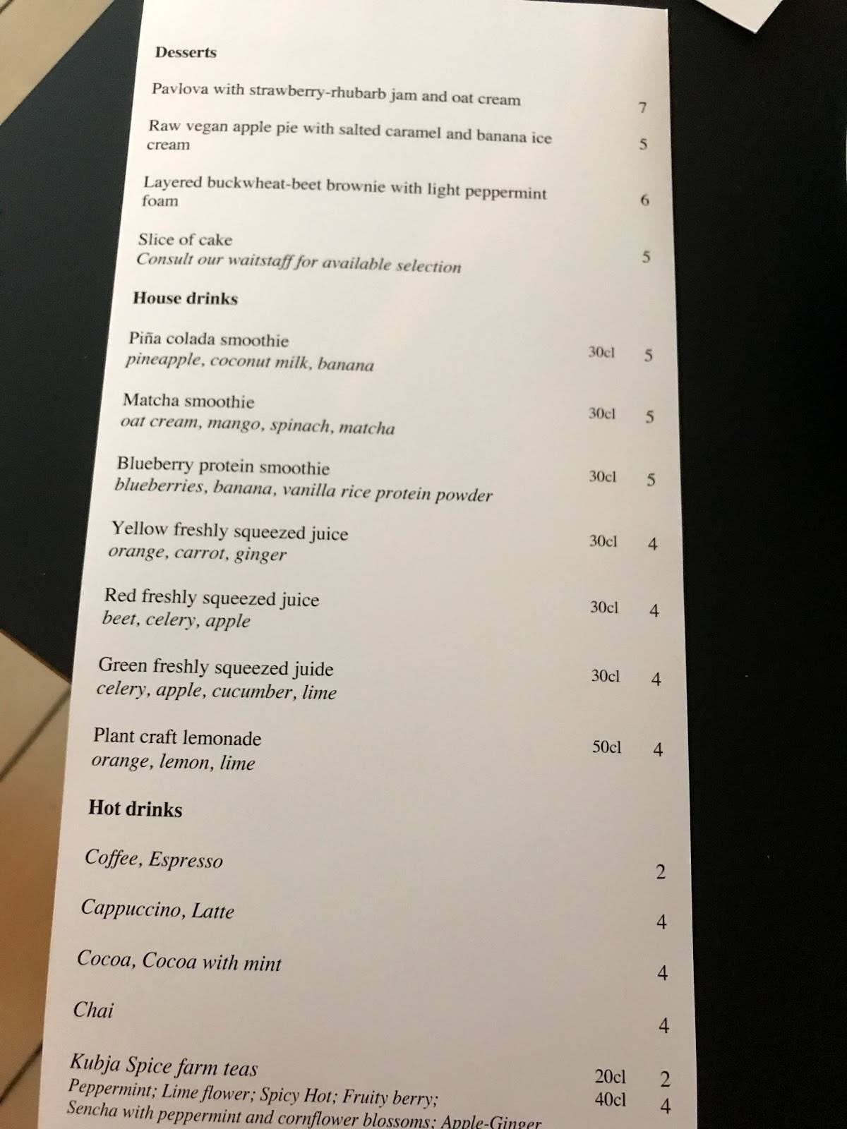 Menu at PLANT restaurant, Tallinn