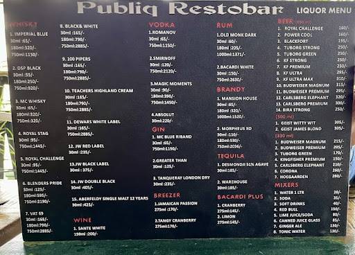 Menu at PUBLIQ RESTOBAR, Bengaluru