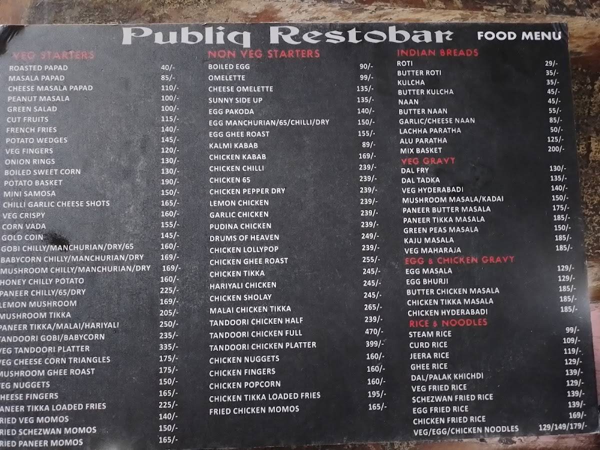 Menu at PUBLIQ RESTOBAR, Bengaluru