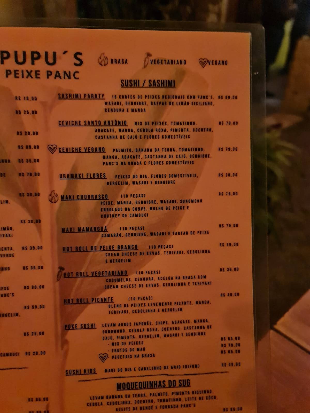 Menu em PUPU'S PANC PARTY restaurante, Paraty, Sandi Hotel - R. do Comércio