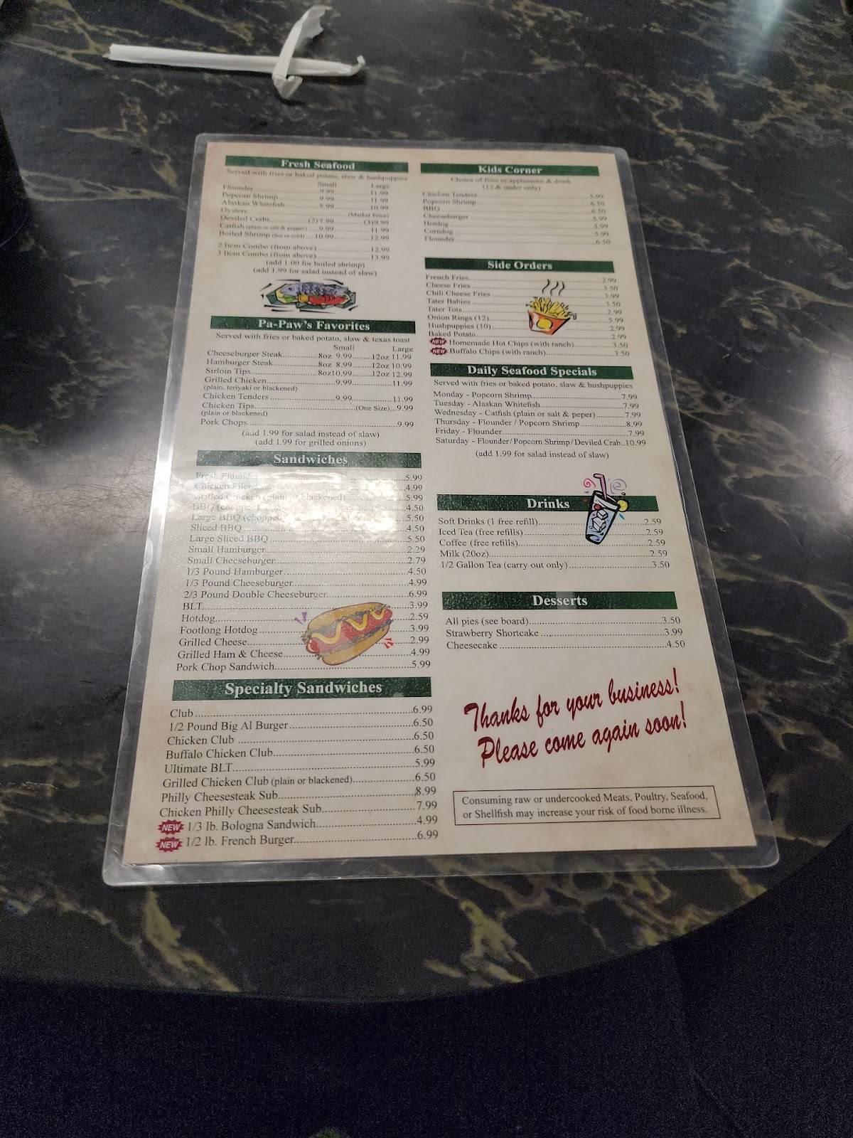 Menu at Pa Paw's Bar-B-Que Restaurant, North Wilkesboro