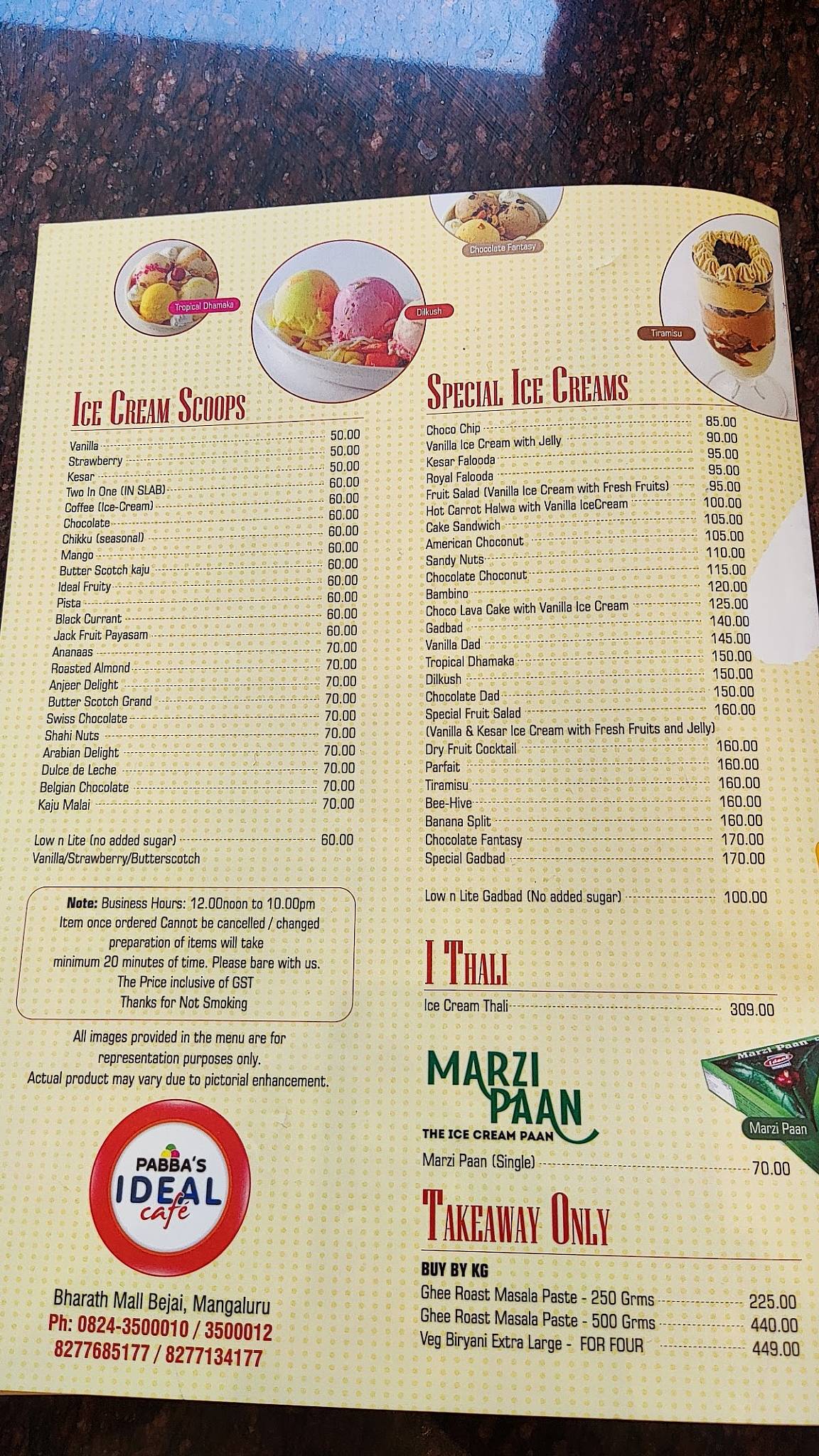 Menu at Pabbas Ideal Cafe, Bharat Mall, Mangaluru