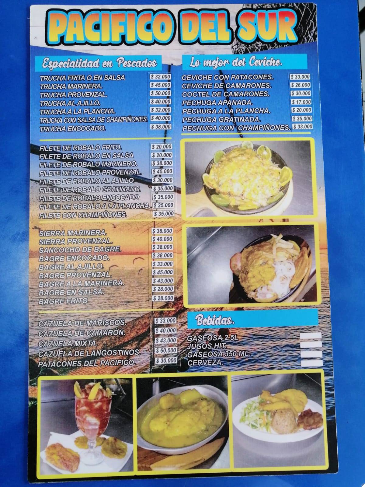 Carta del restaurante Pacífico del Sur, Bogotá