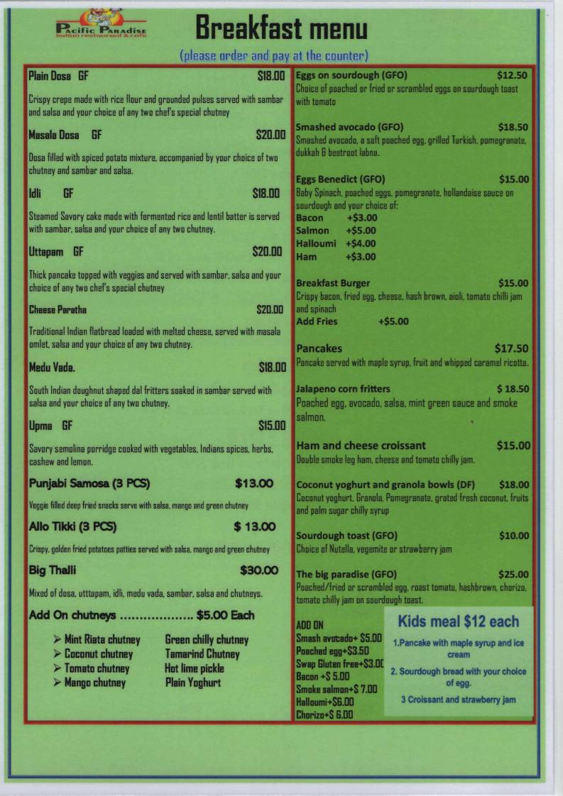 Menu at Pacific paradise Indian restaurant & cafe, Mudjimba