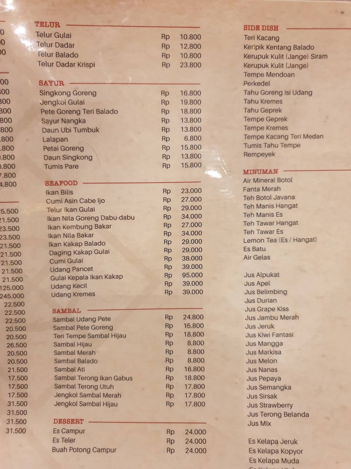 Carta del restaurante Padang Merdeka Malang, Kalisongo