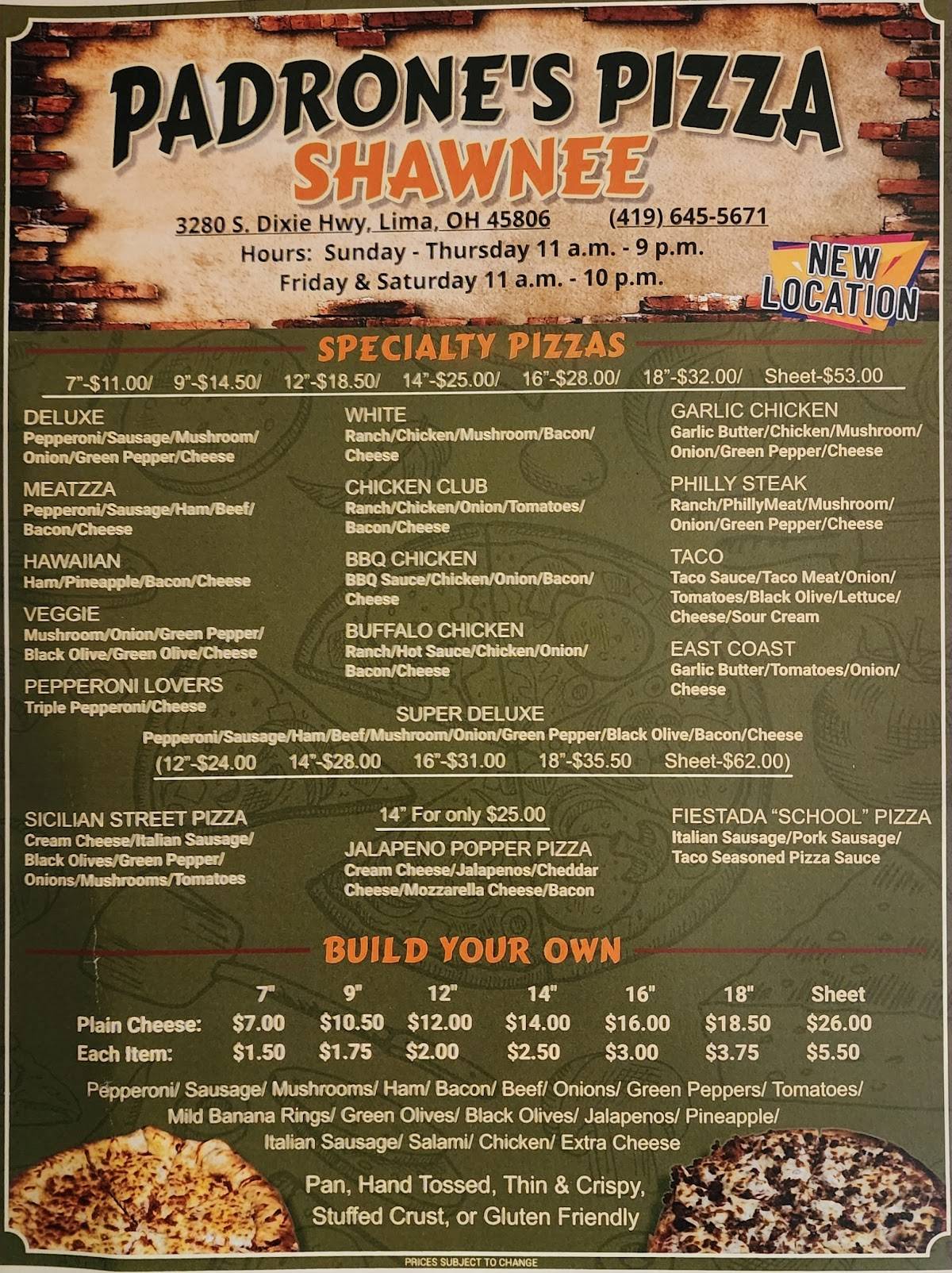 Menu at Padrone's Pizza of Shawnee (Dixie Highway) pizzeria, Lima, S ...