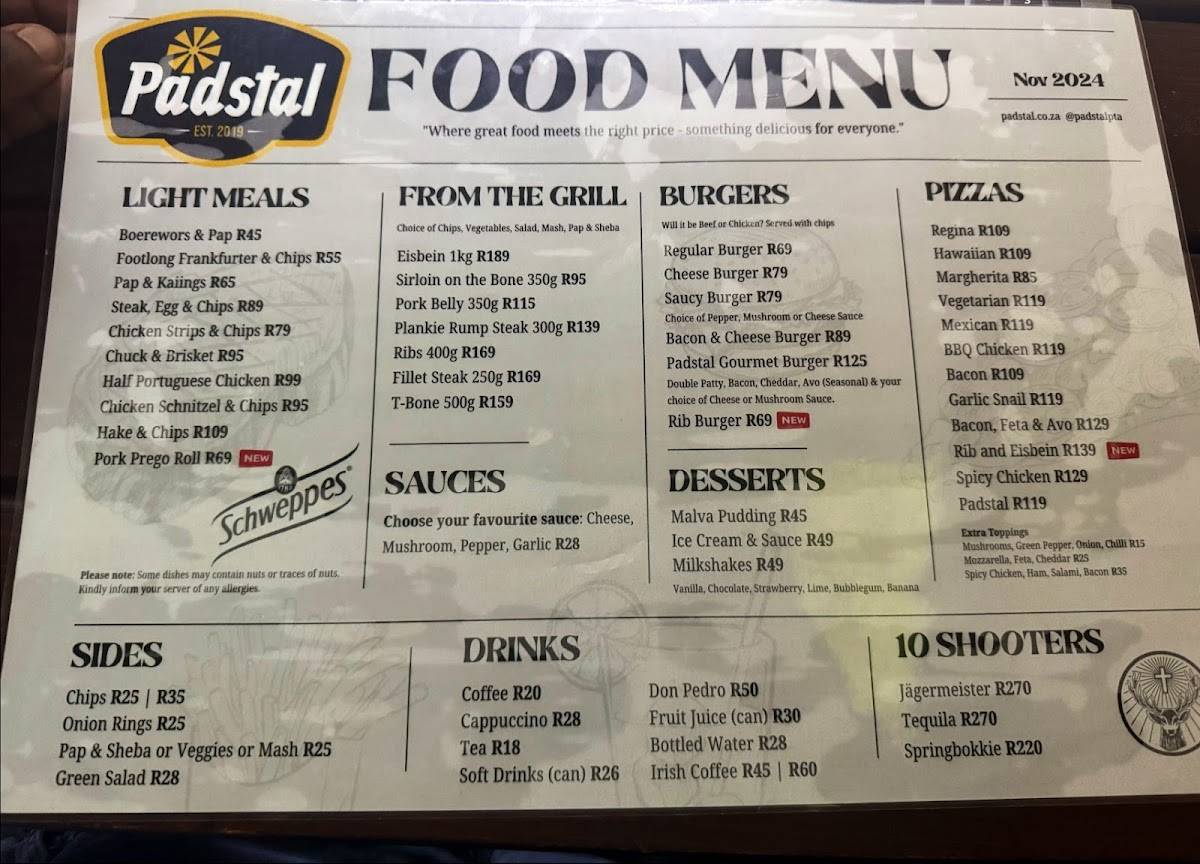Menu at Padstal Centurion restaurant, Pretoria