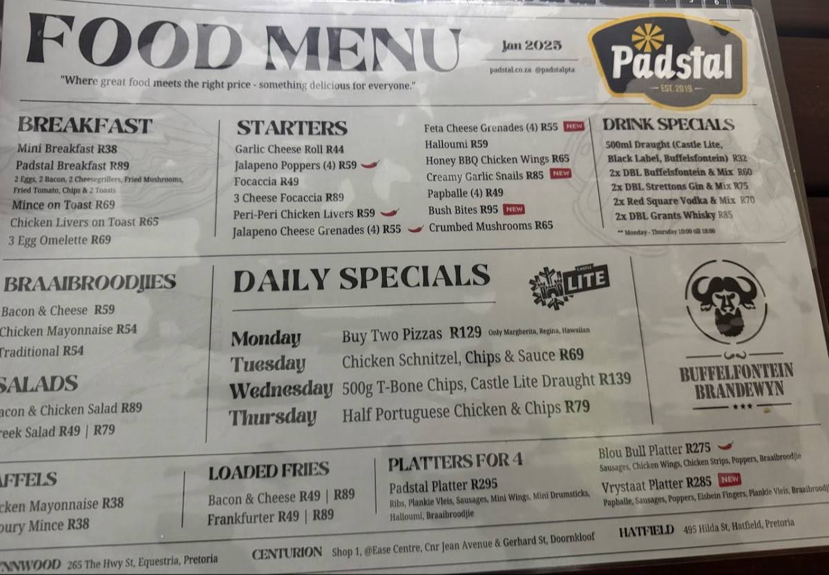 Menu at Padstal Centurion restaurant, Pretoria