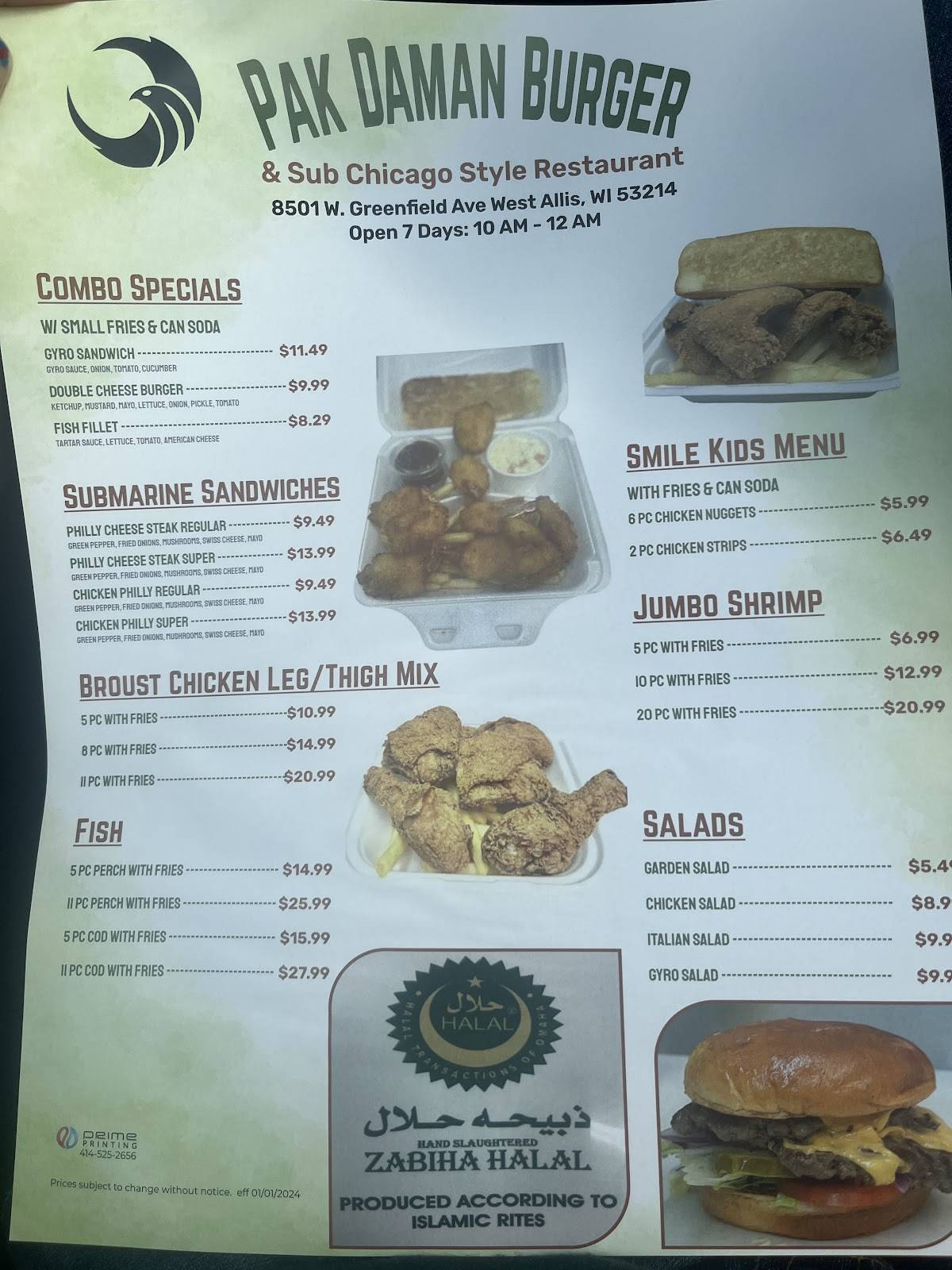 Menu at Pak Daman Burger & Sub restaurant, West Allis