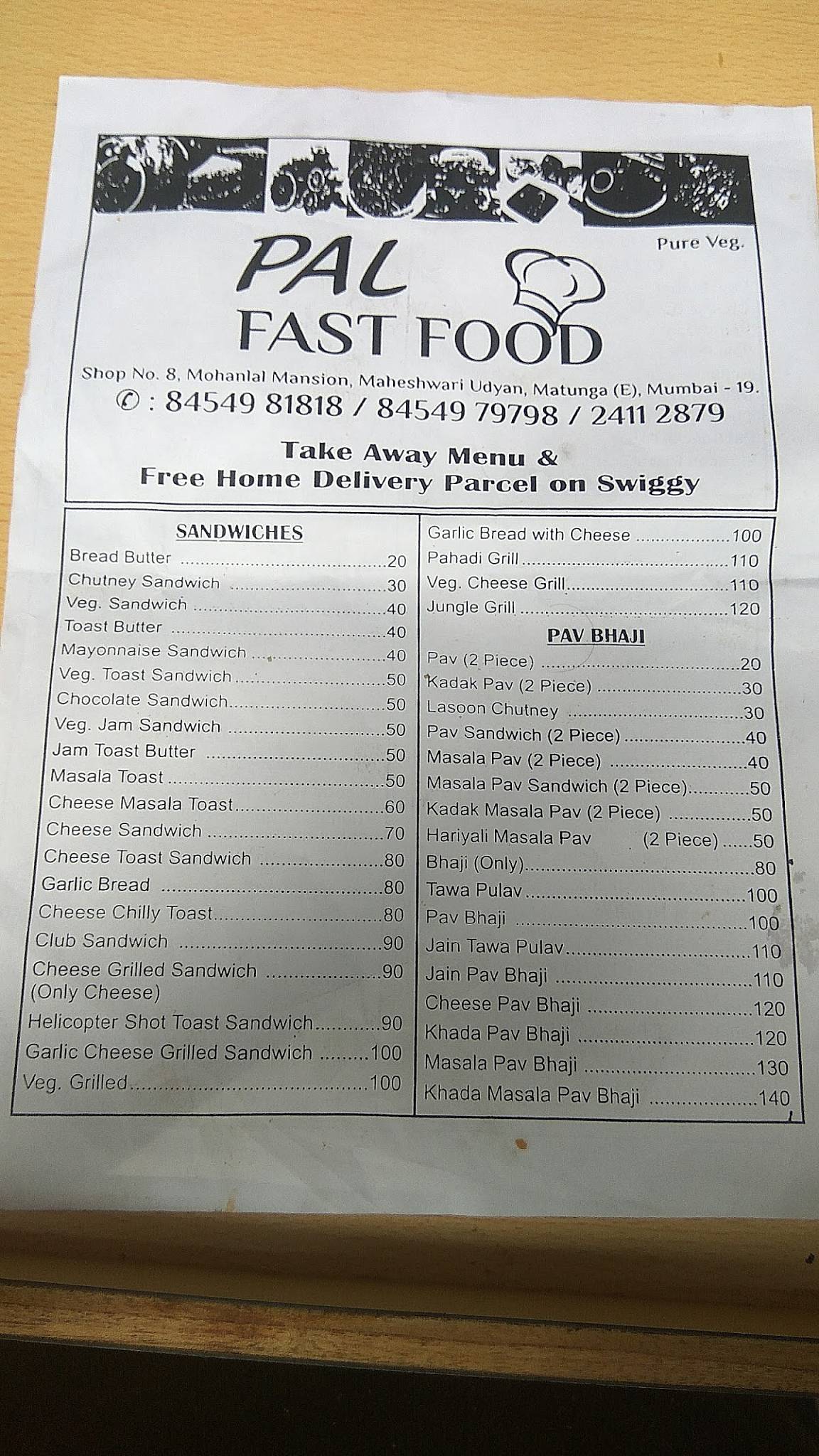 Menu at Pal Fast Food, Mumbai