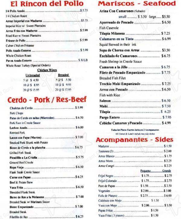 Carta del pub y bar Palacio del los jugos, Hialeah, W 78th St