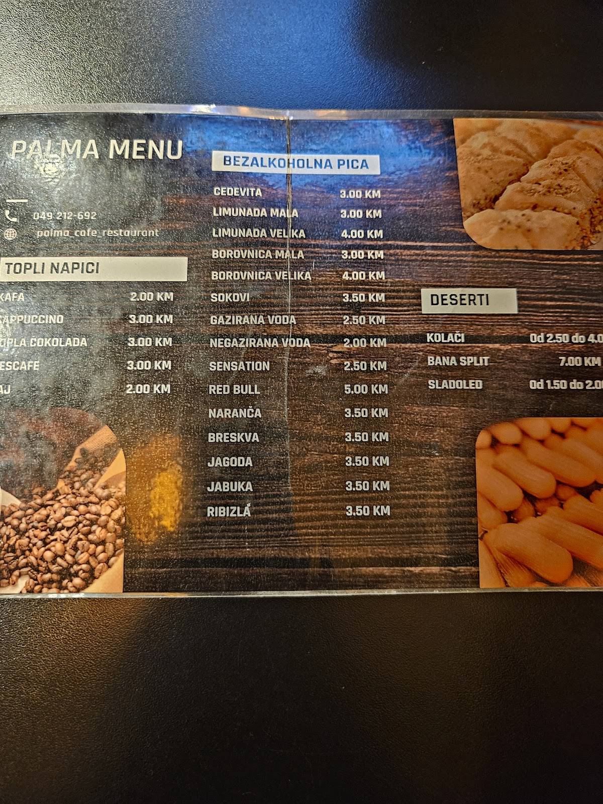 Menu at Palma restaurant, Brčko