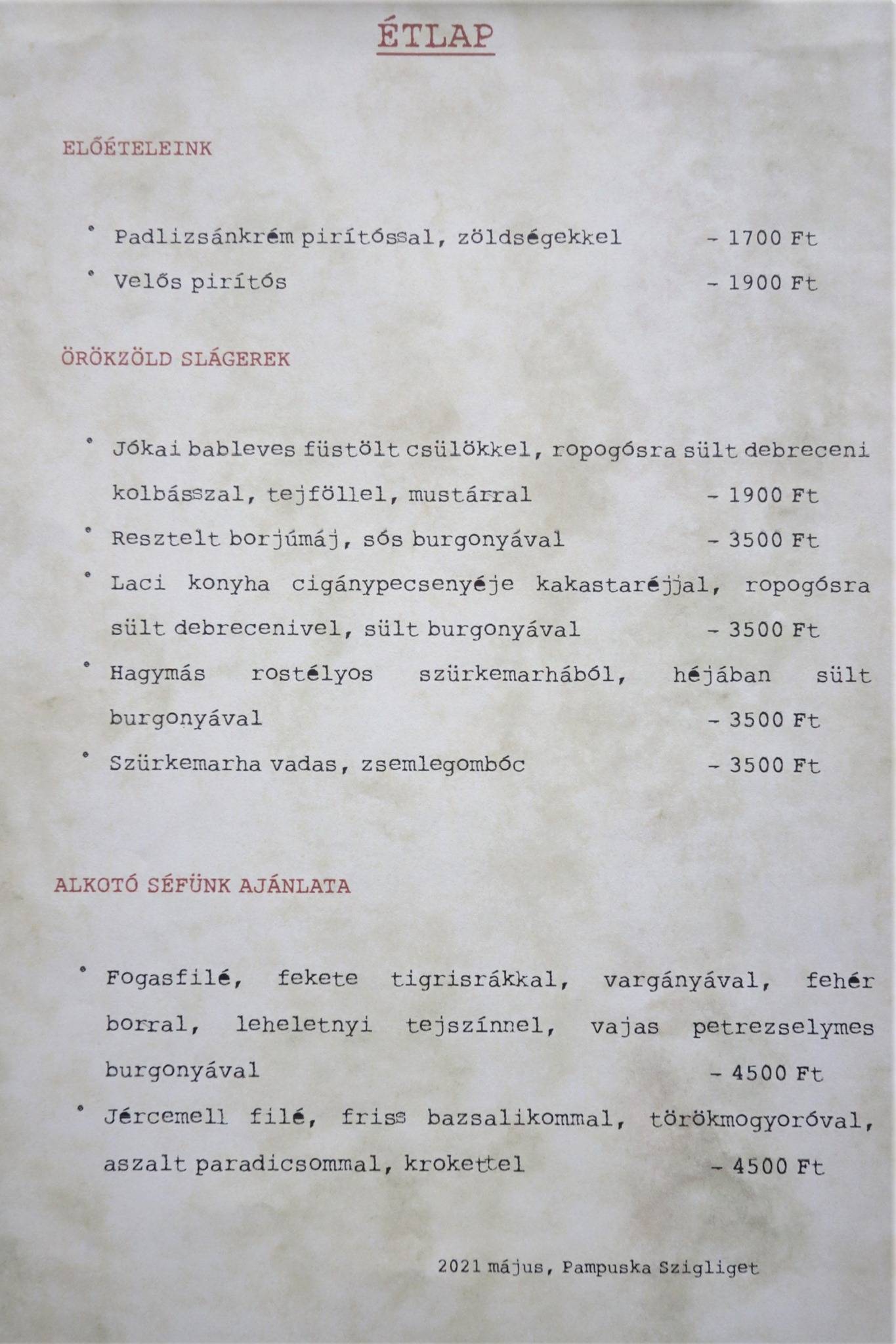 Menu at Pampuska Kisvendéglő restaurant, Budapest, Balázs Béla u. 34