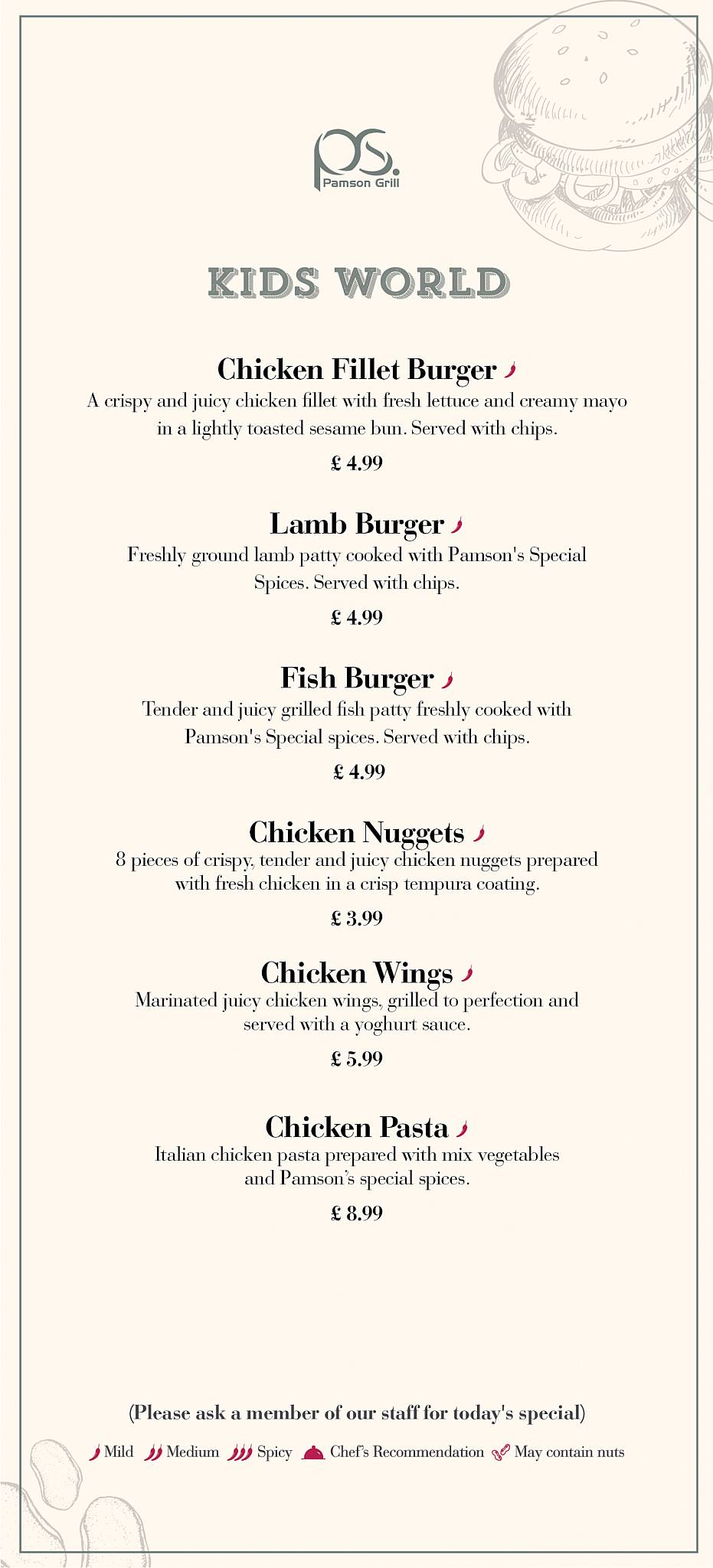Menu at Pamson Grill restaurant, Leicester
