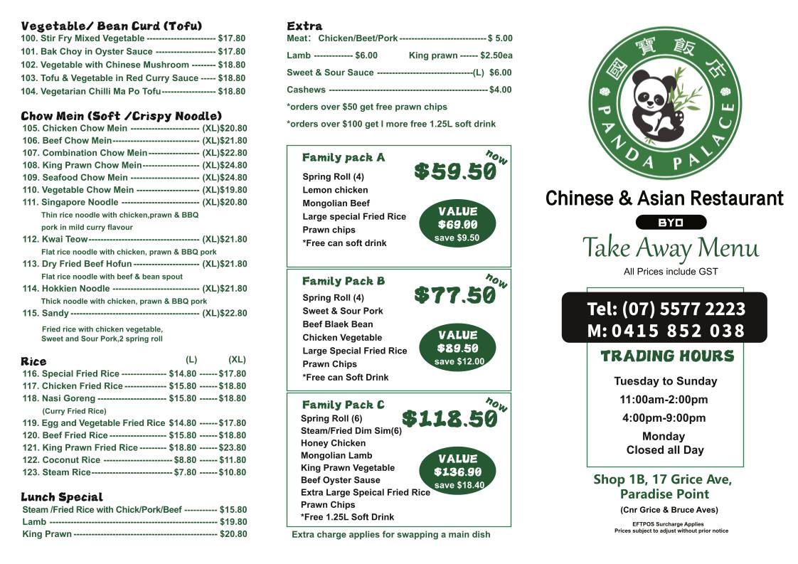 Menu at Panda Palace Chinese Restaurant, Paradise Point, 17 Grice Ave
