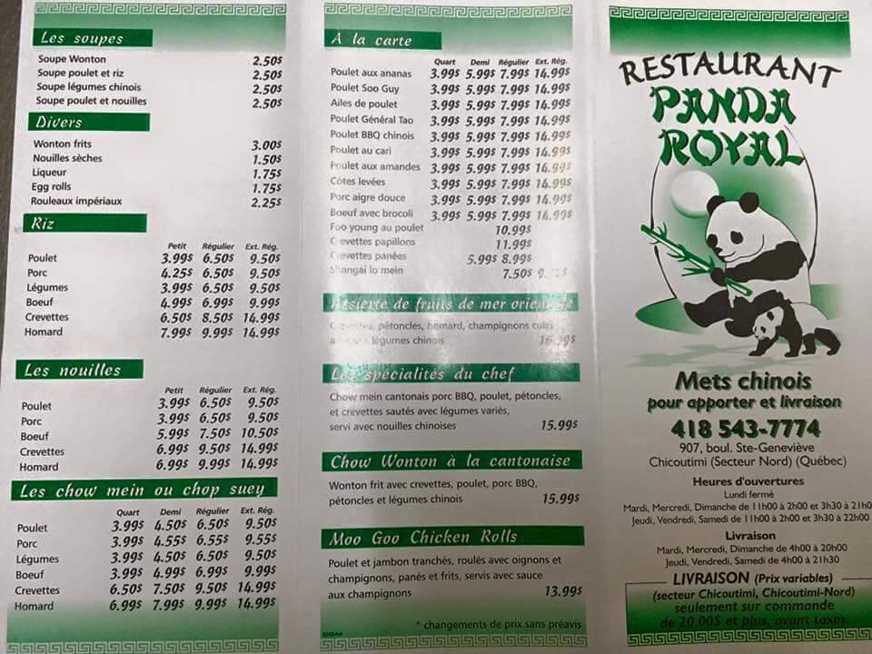 Menu au Panda Royal restaurant, Saguenay, 907 Boul. Sainte-Geneviève