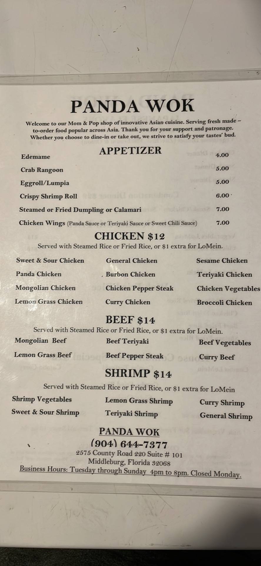 Menu at Panda wok restaurant, Middleburg