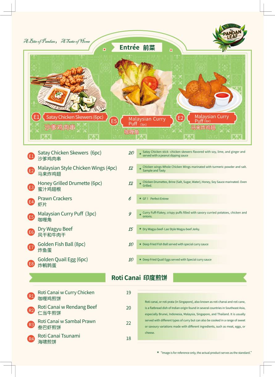 Menu at Pandan Leaf Malaysian Restaurant, Belconnen