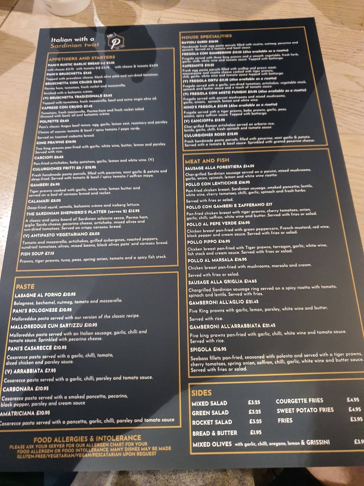 Menu at Pani's Italian restaurant, Newcastle upon Tyne