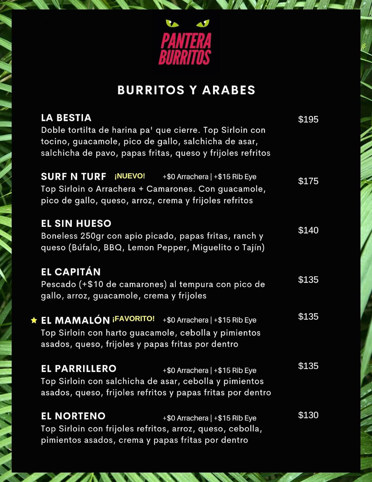 Carta del restaurante Pantera Burritos, Cancún