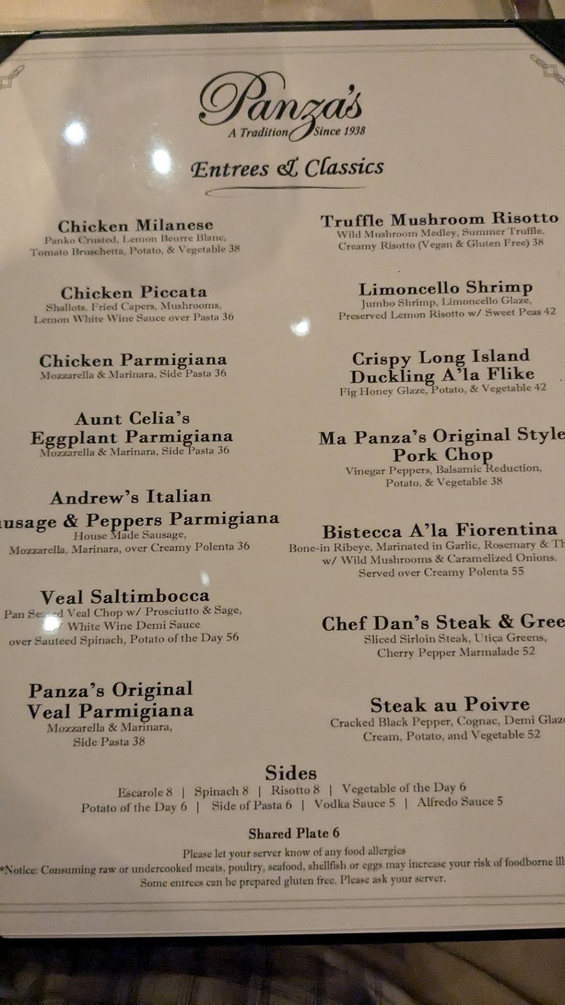 Menu at Panza's Restaurant, Saratoga Springs, 129 S Broadway
