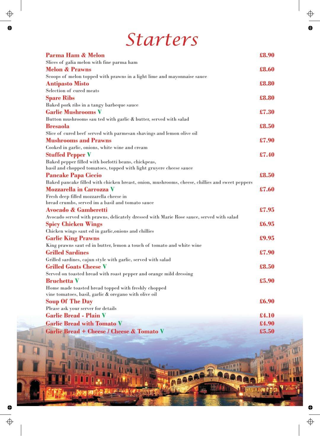 Menu at Papa Ciccio's Restaurant, Sheffield