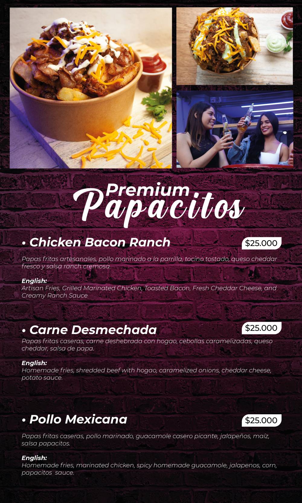 Carta de Papacitos Fast food Medellín, Colombia