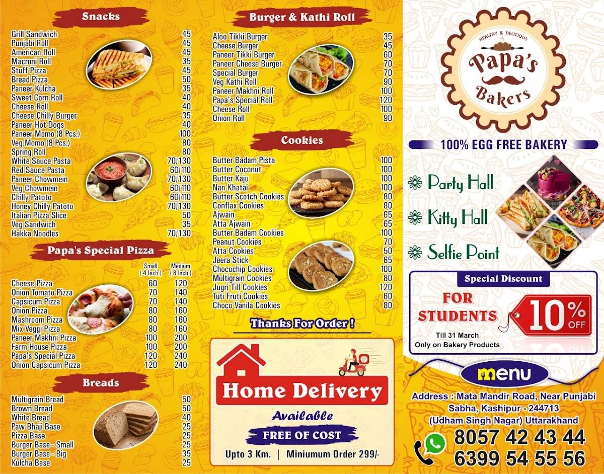 Menu at Papa's Bakers 100%egg free bakery - Bakery in Kashipur, Kashipur