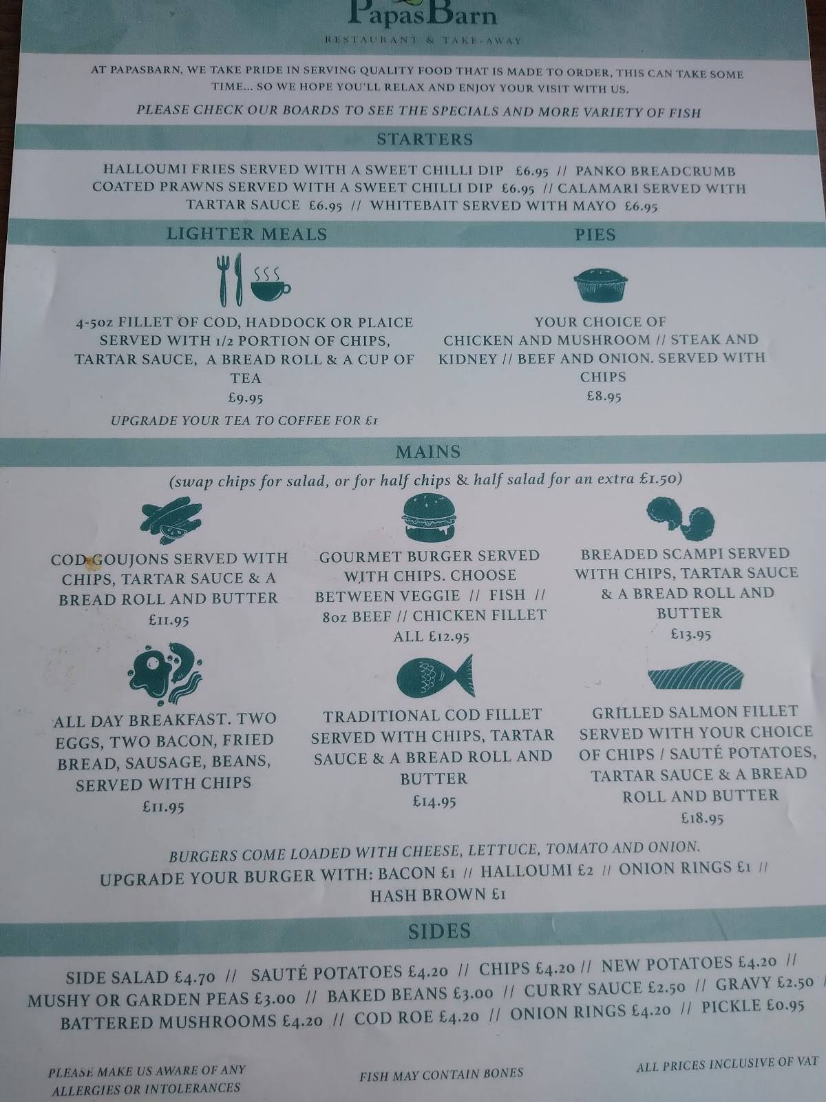 Menu at Papa's Barn Fish & Chips Restaurant & Takeaway, Aylesford