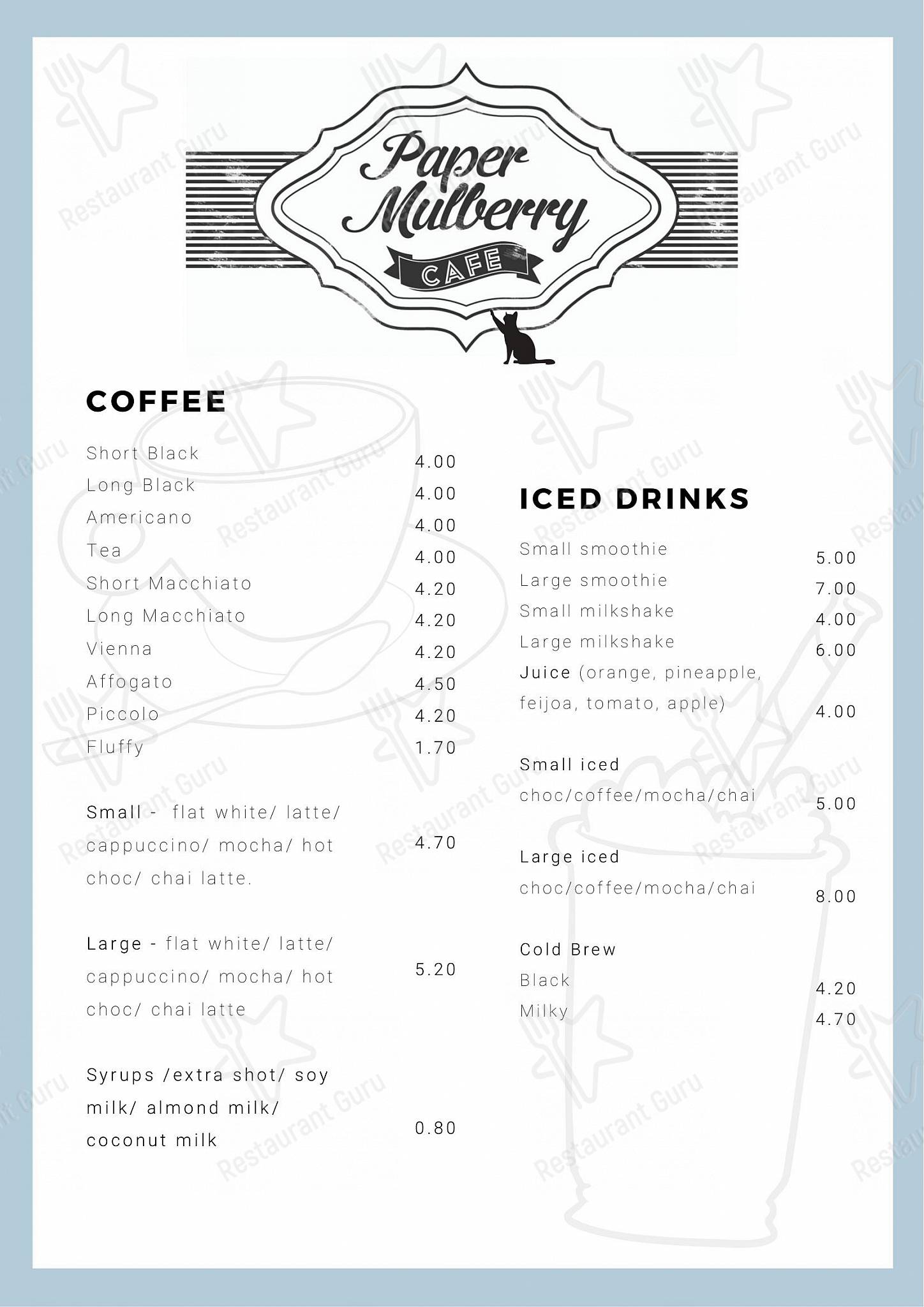 Menu at Paper Mulberry Cafe, Otane, 89 State Hwy 2