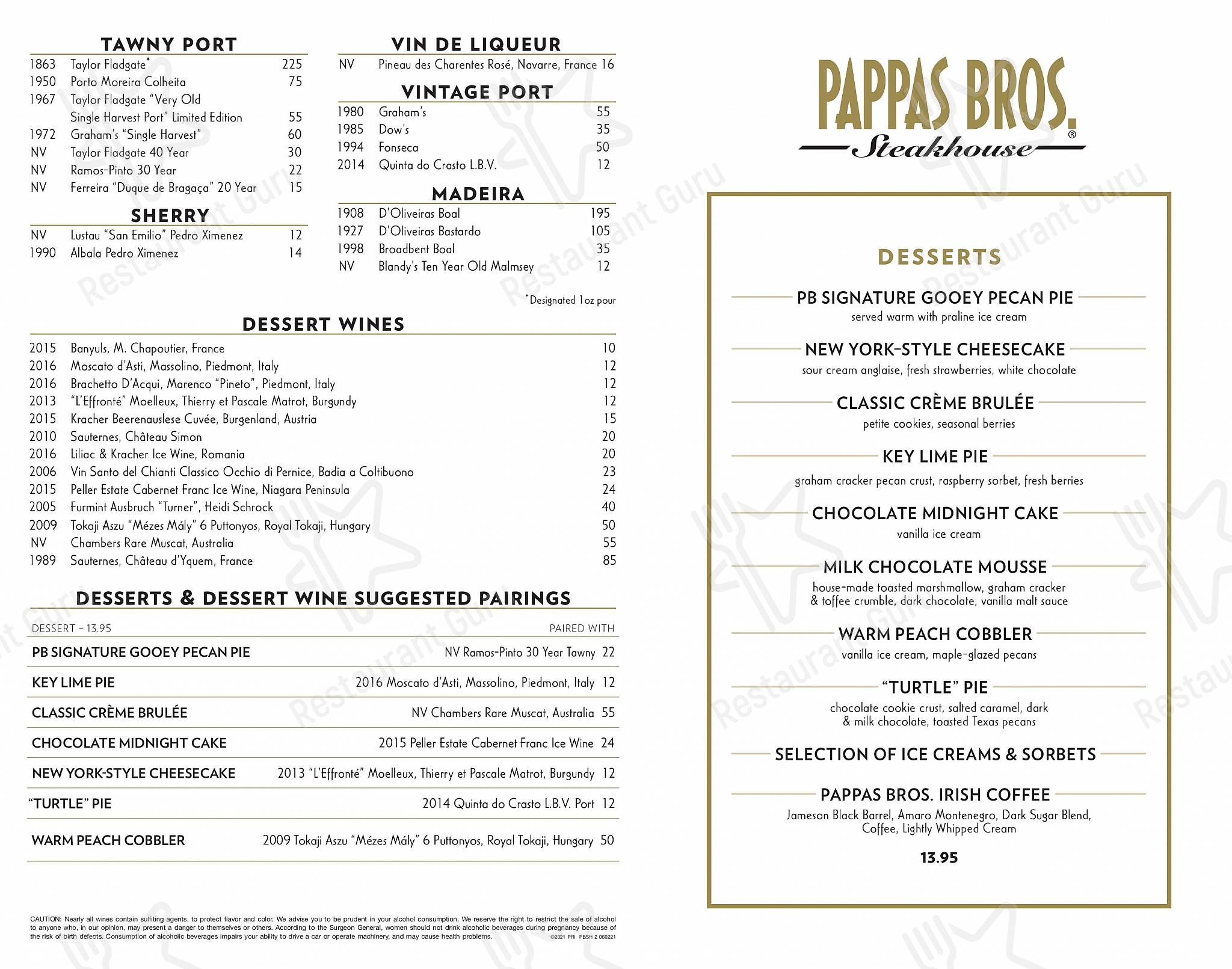 Menu at Pappas Bros. Steakhouse, Dallas