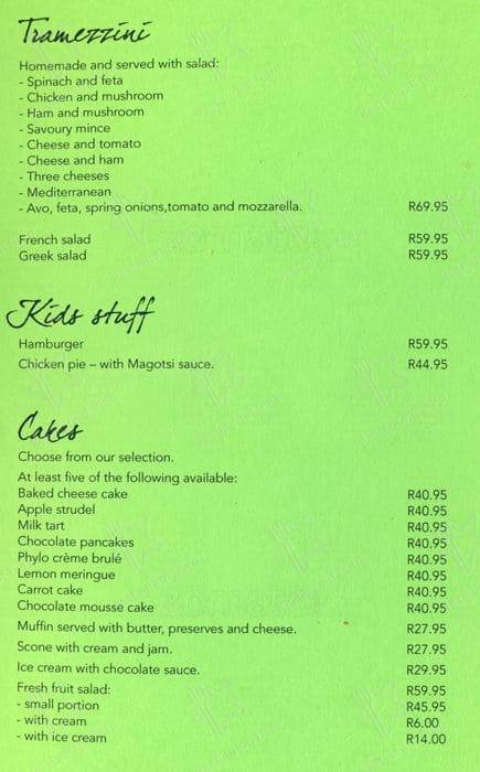 Menu at Paputzis restaurant, Randburg
