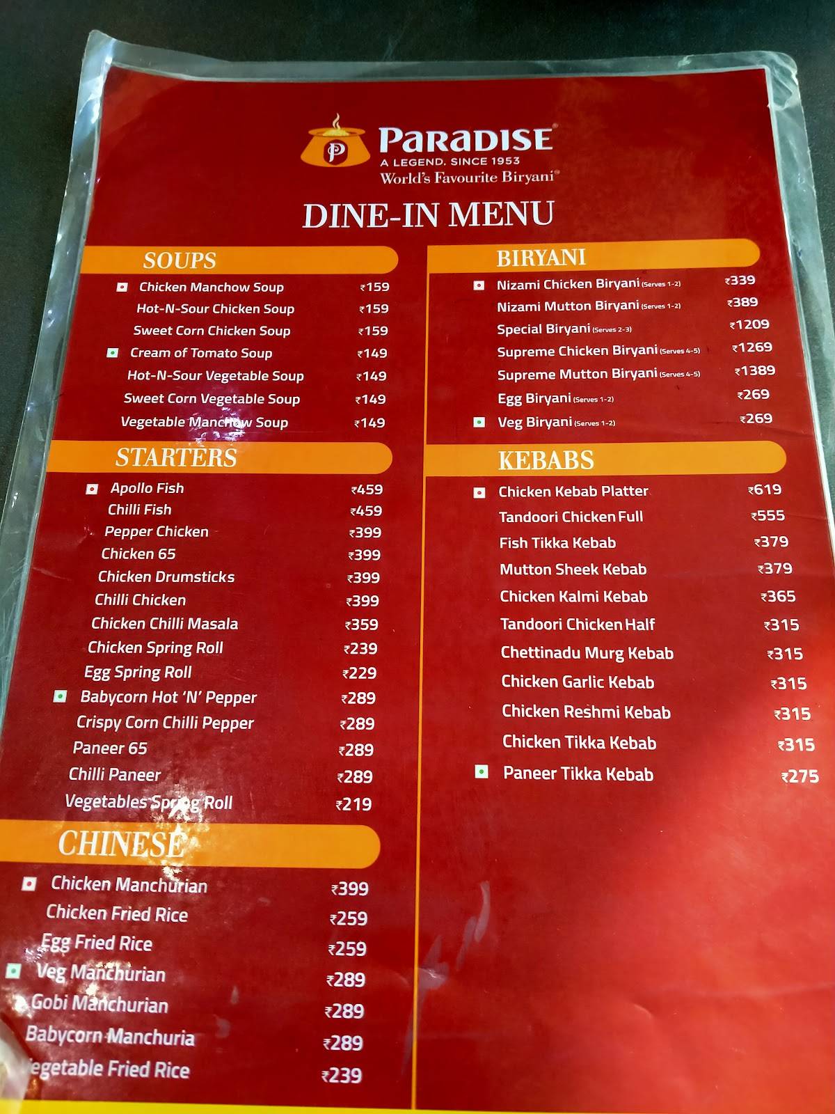 Menu at Paradise Biryani Imax, Hyderabad, NTR Marg