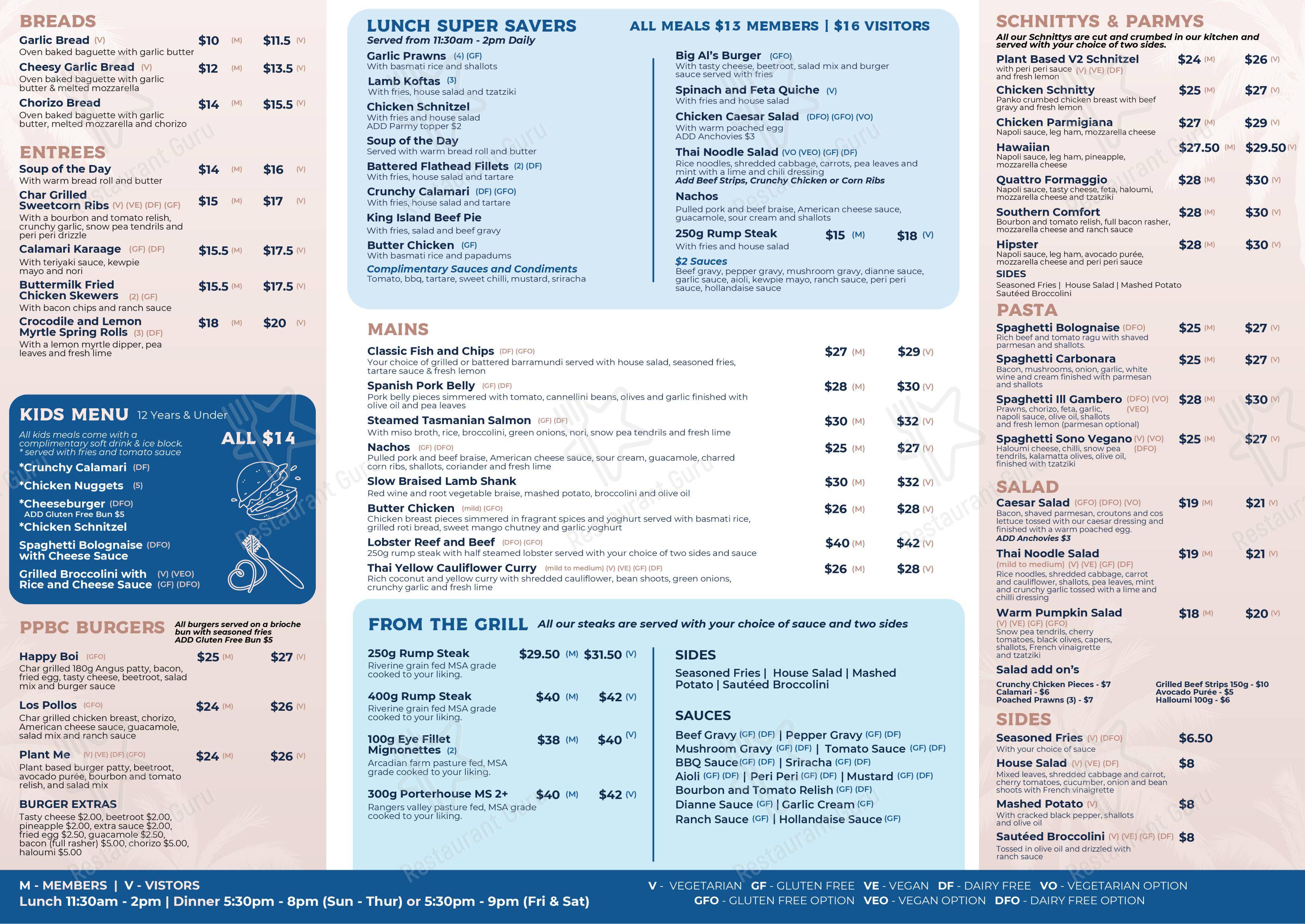 Menu at Paradise Point Bowls Club, Paradise Point