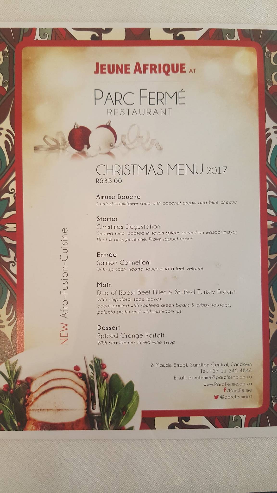 Speisekarte von Parc Ferme restaurant, Sandton
