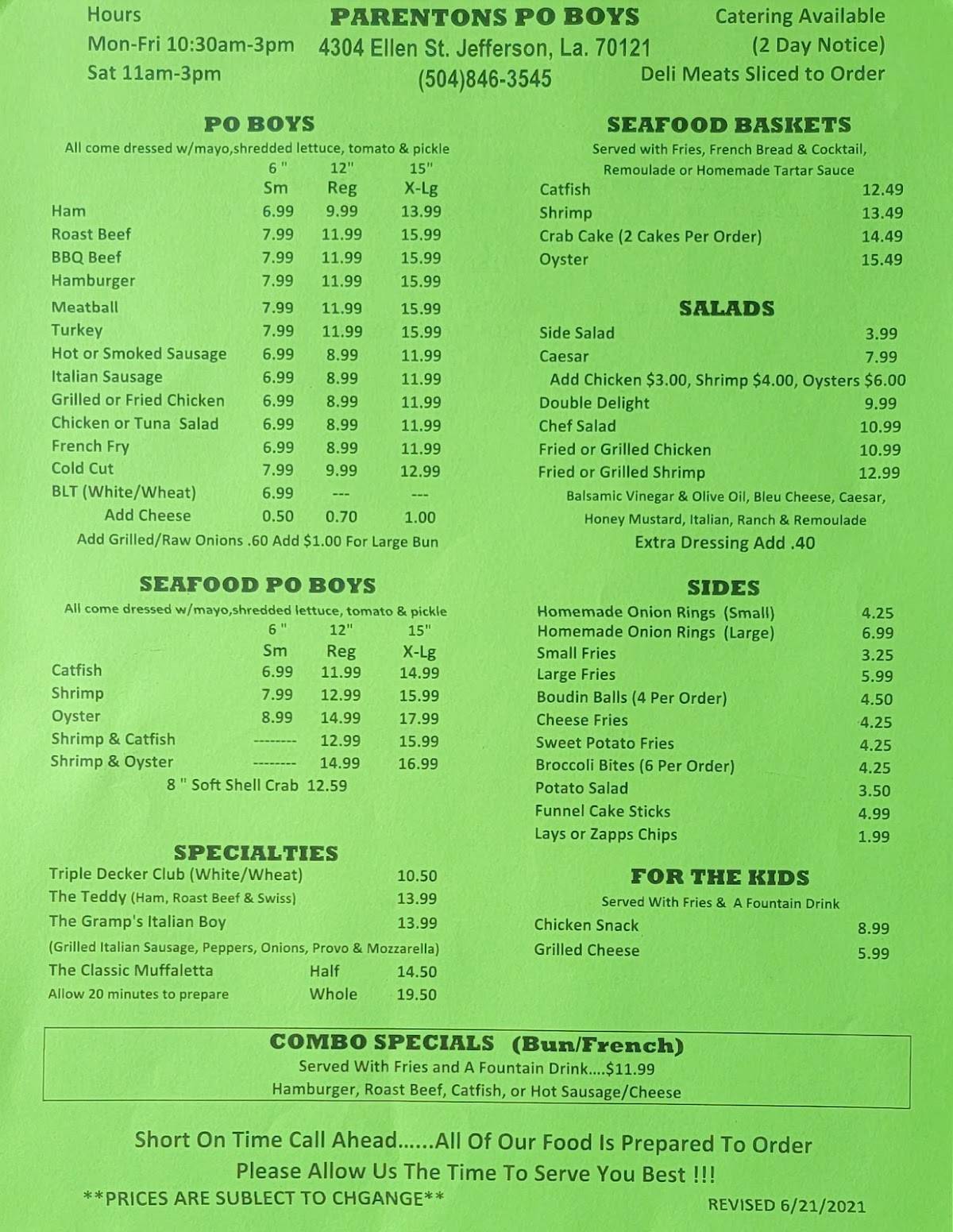 Menu at Parentons Poboys restaurant, New Orleans