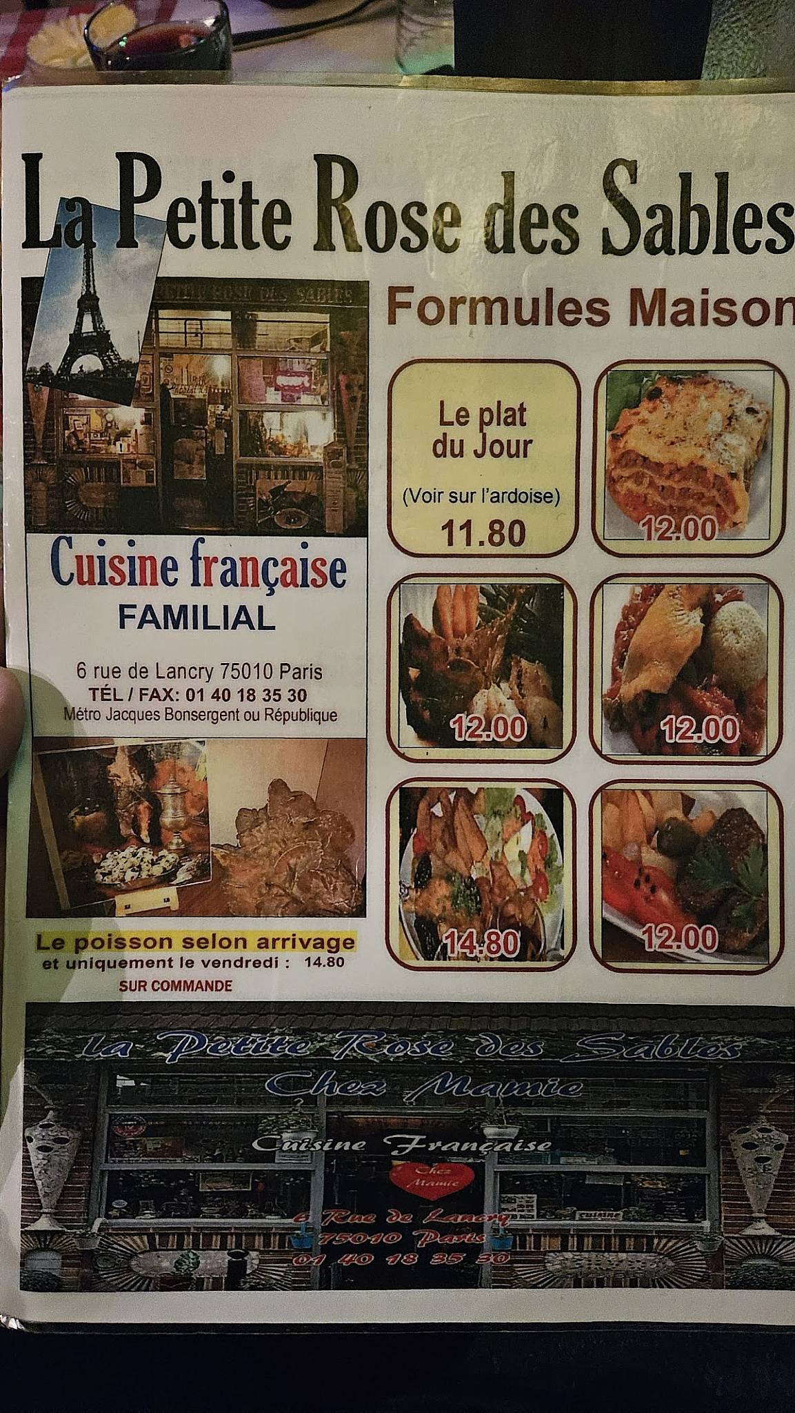 Menu at La Petite Rose des Sables restaurant, Paris