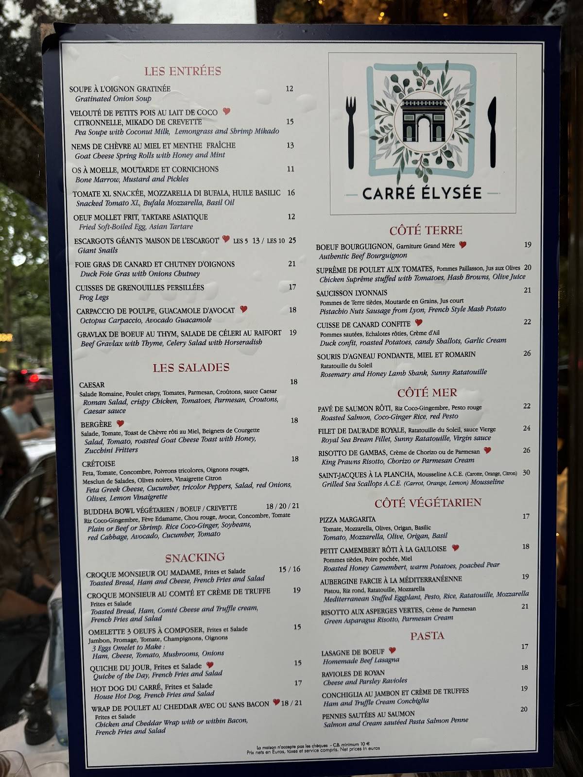 Menu at Le Carré Élysée pub & bar, Paris, 49 Av. Franklin Delano Roosevelt