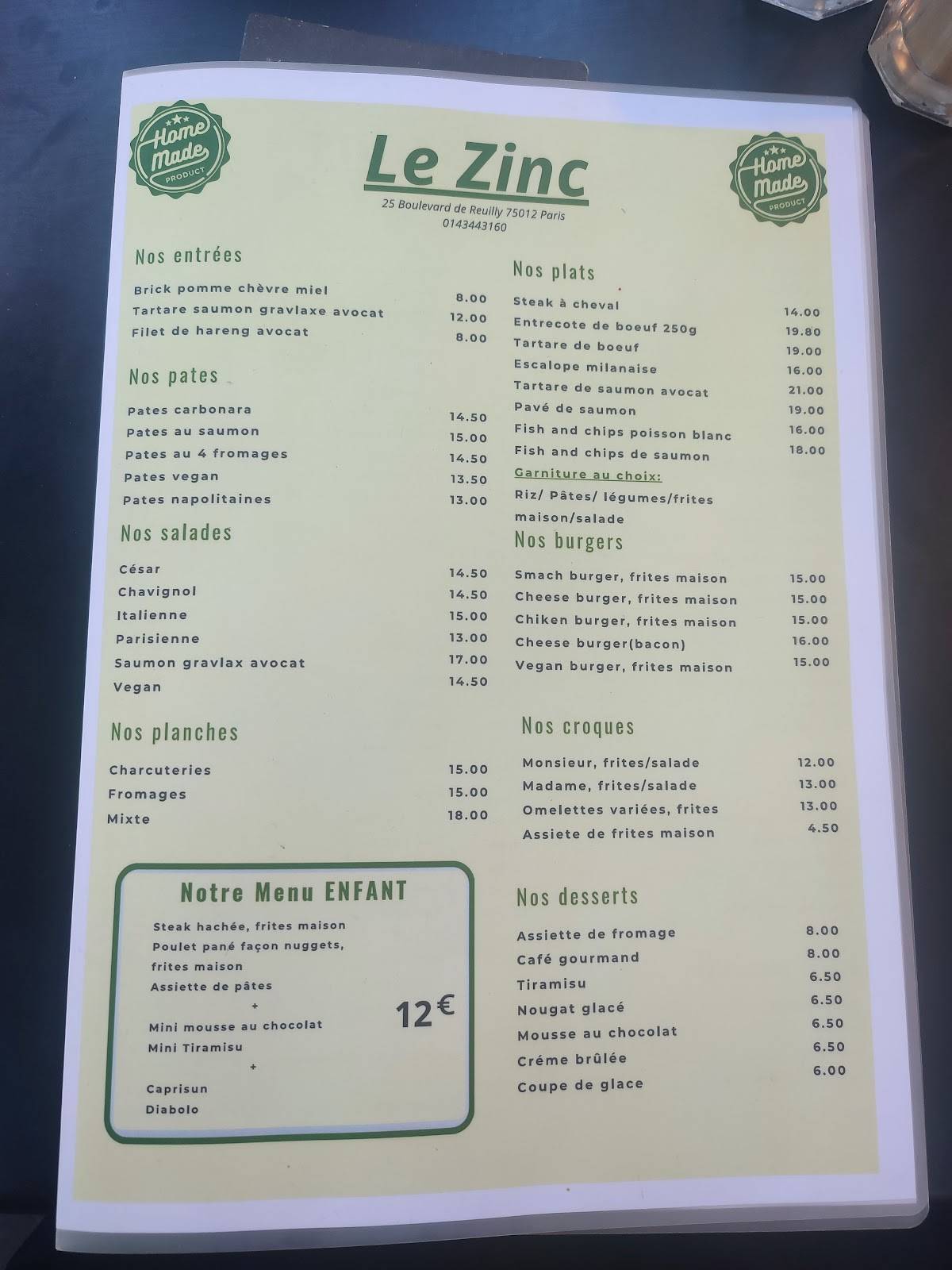 Menu au Le Zinc restaurant, Paris, 25 Bd de Reuilly