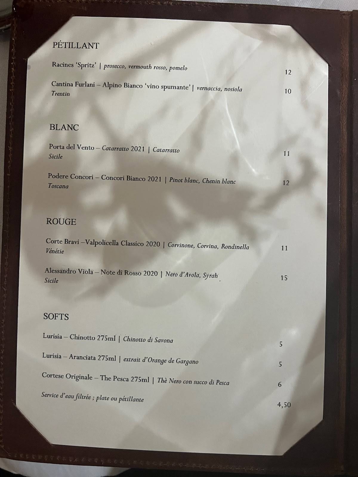 Menu at Racines restaurant, Paris, 8 Pass. des Panoramas