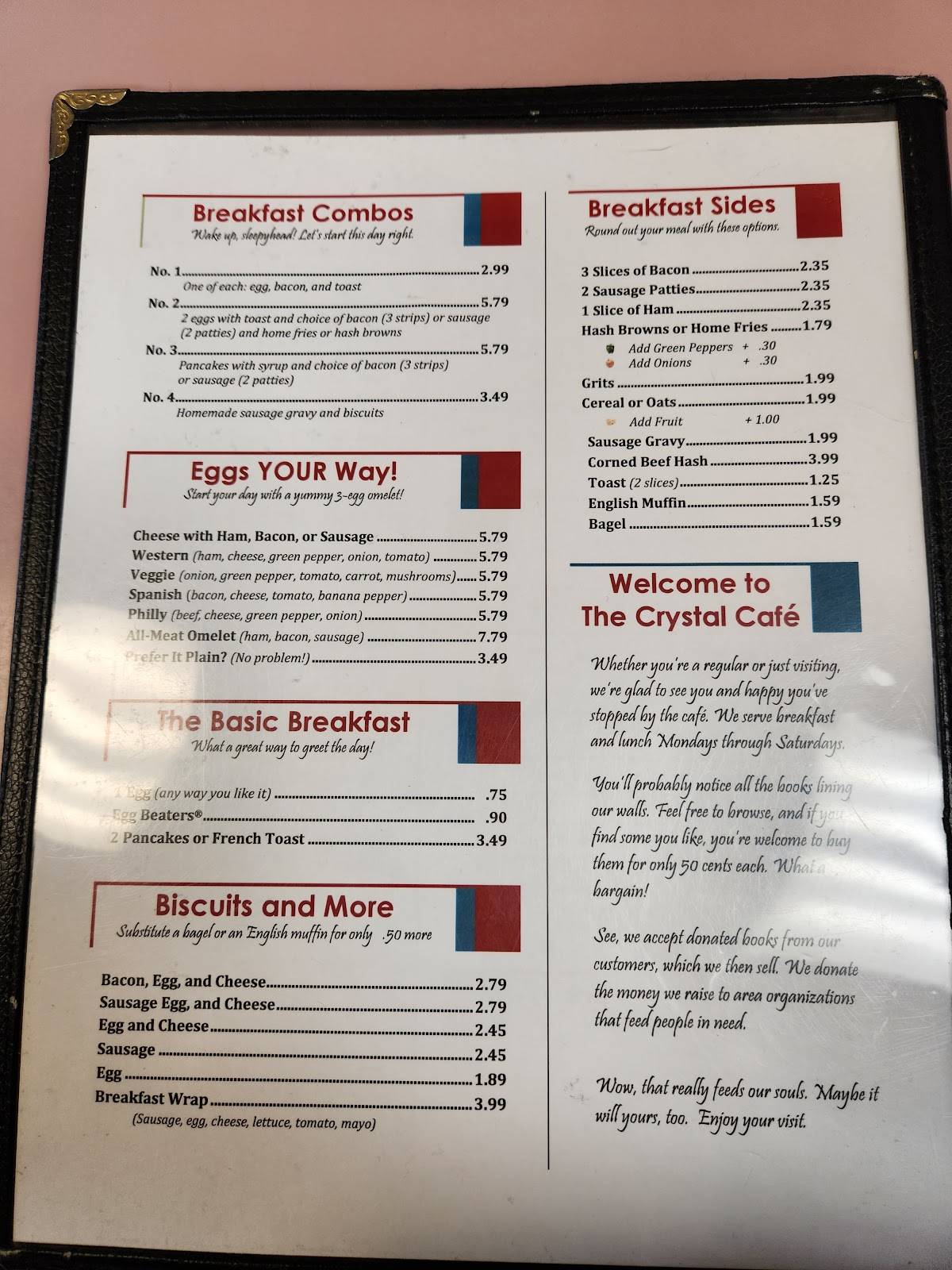 Menu at The Crystal Cafe, Parkersburg