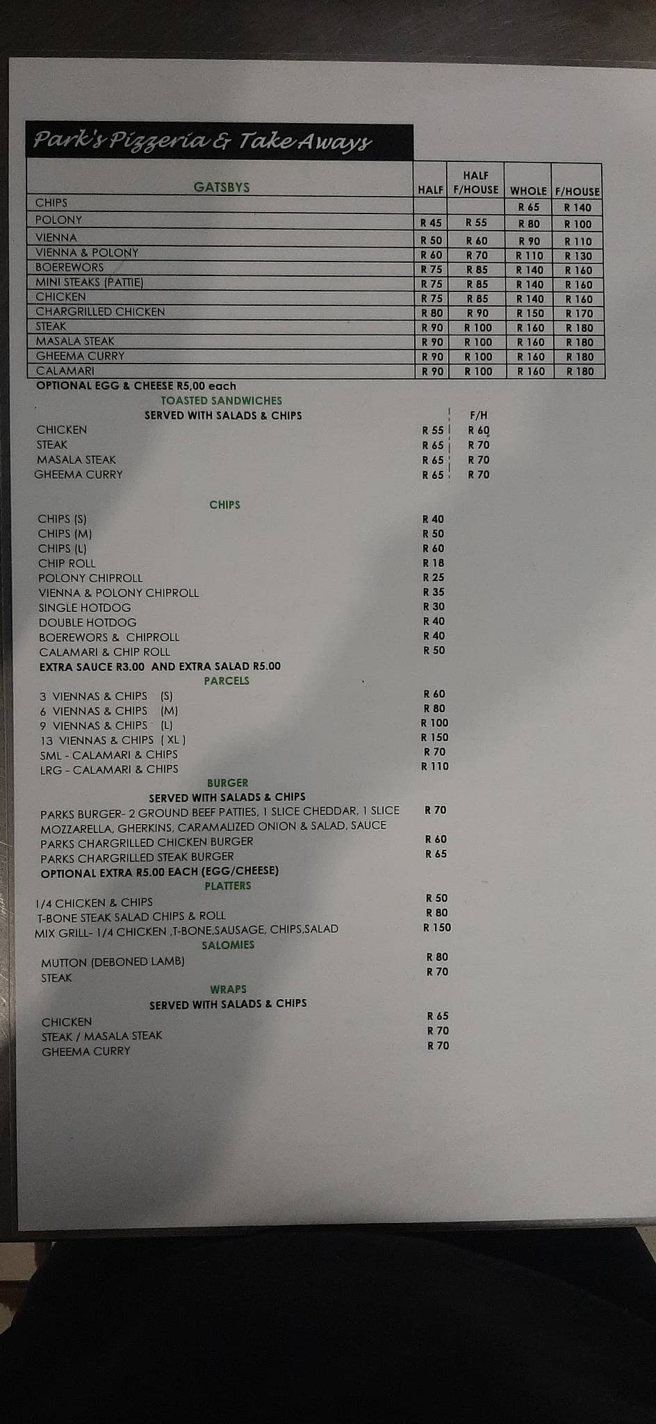 Menu at Parks Pizza pizzeria, Cape Town
