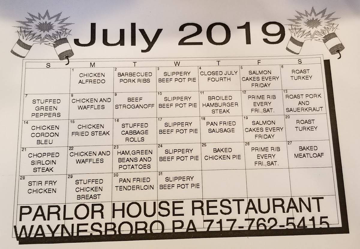 Menu at Parlor House restaurant, Waynesboro