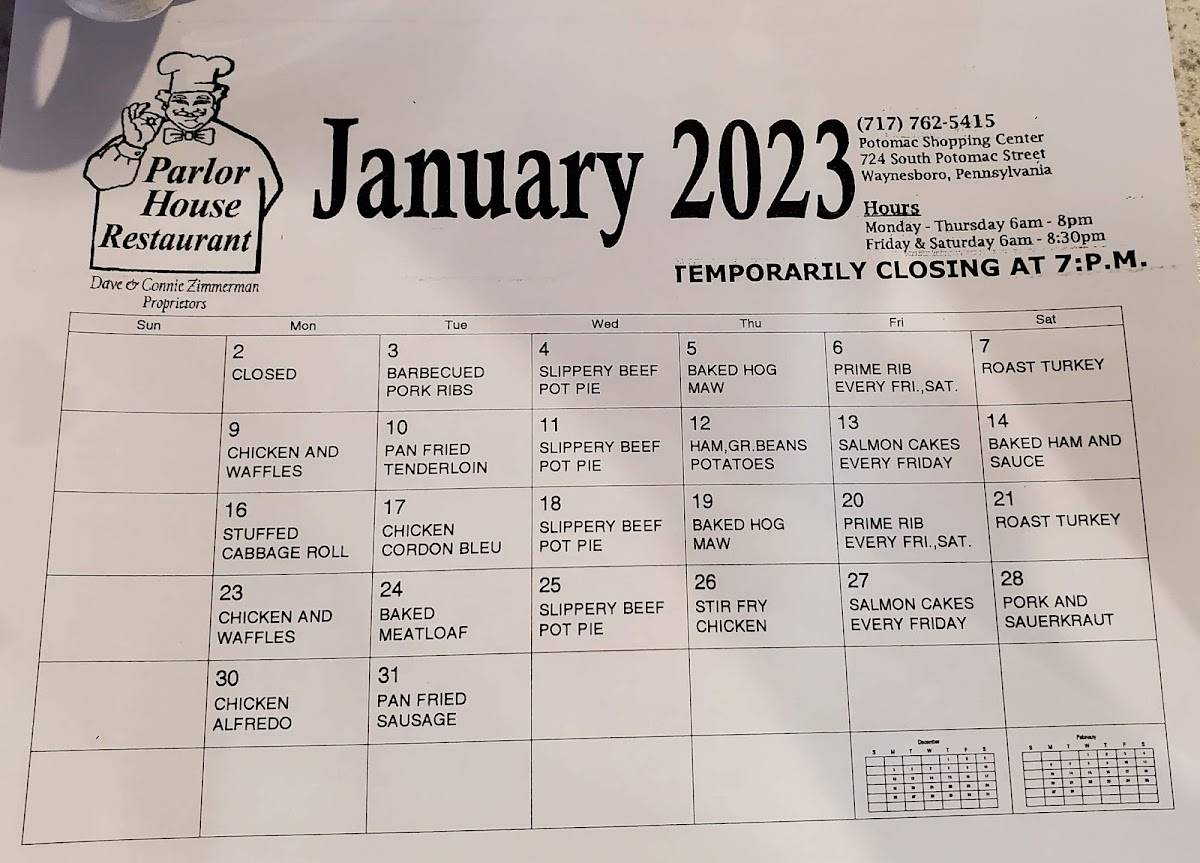 Menu at Parlor House restaurant, Waynesboro