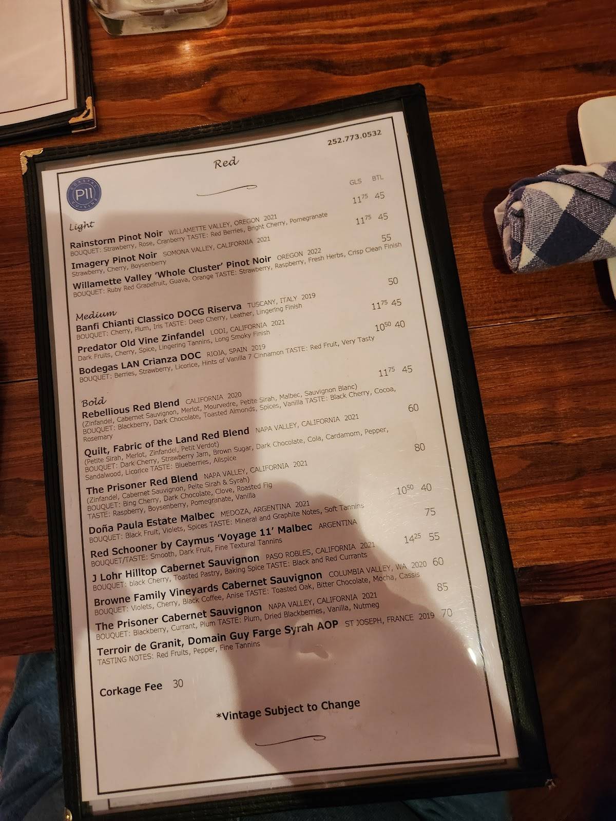 Menu at Parrott's On Eleventh restaurant, Morehead City