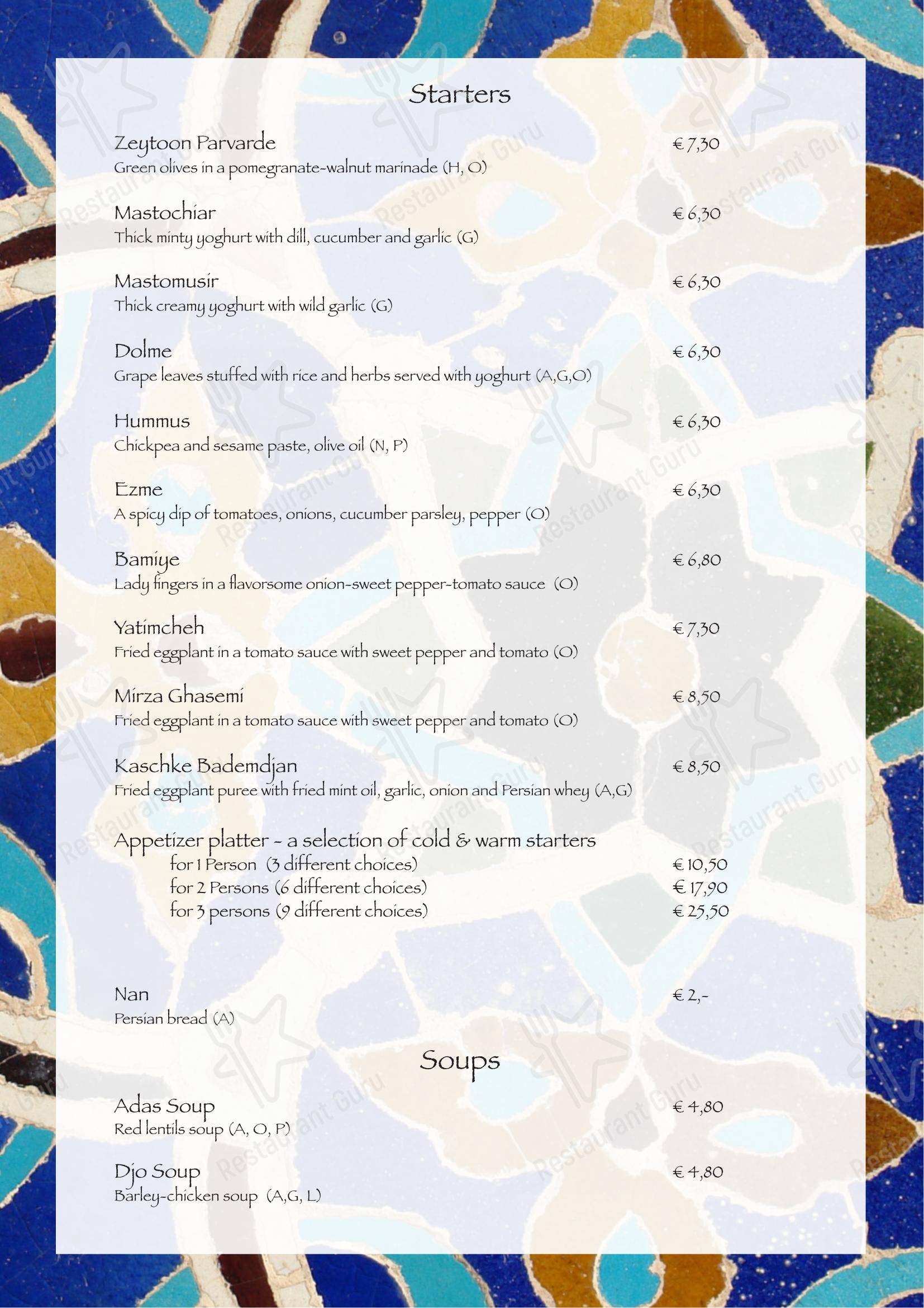 Menu at Pars Restaurant, Vienna