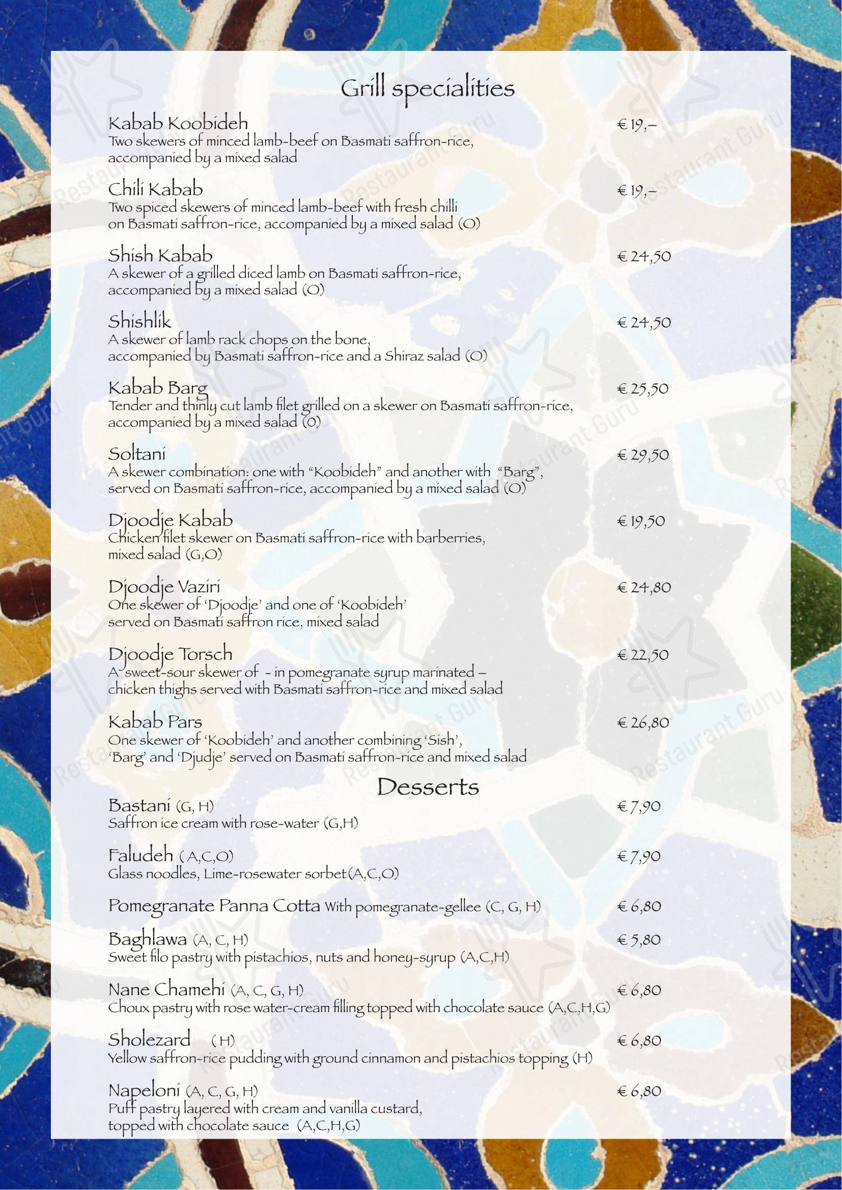 Menu at Pars Restaurant, Vienna