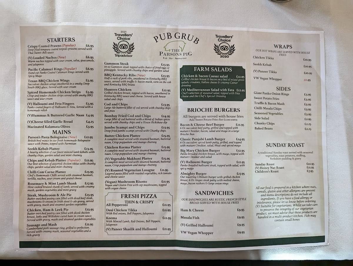 Menu at Parsons Pig pub & bar, Crawley, Balcombe Rd